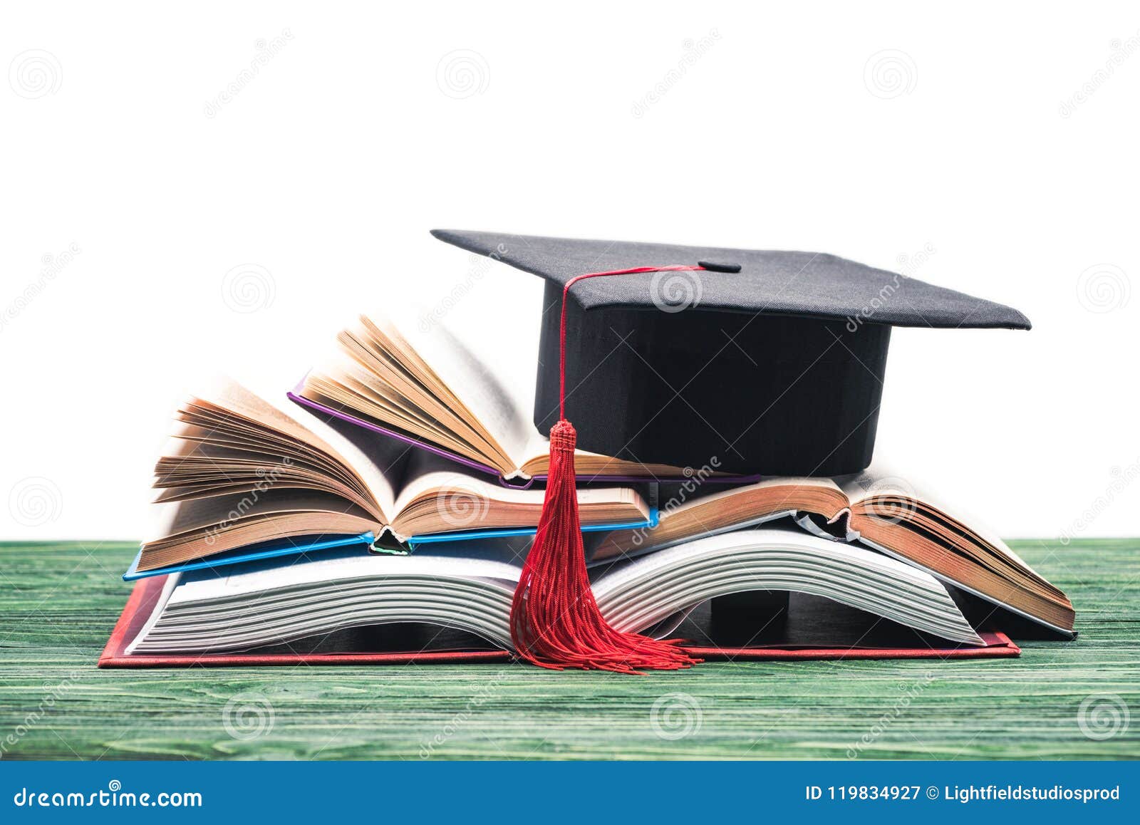 Graduation Cap on Stack of Open Books Stock Image - Image of education ...