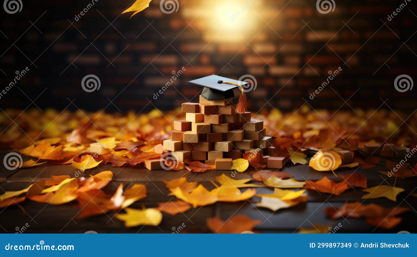 Graduation Cap and Stack of Wooden Blocks on a Background of Autumn ...