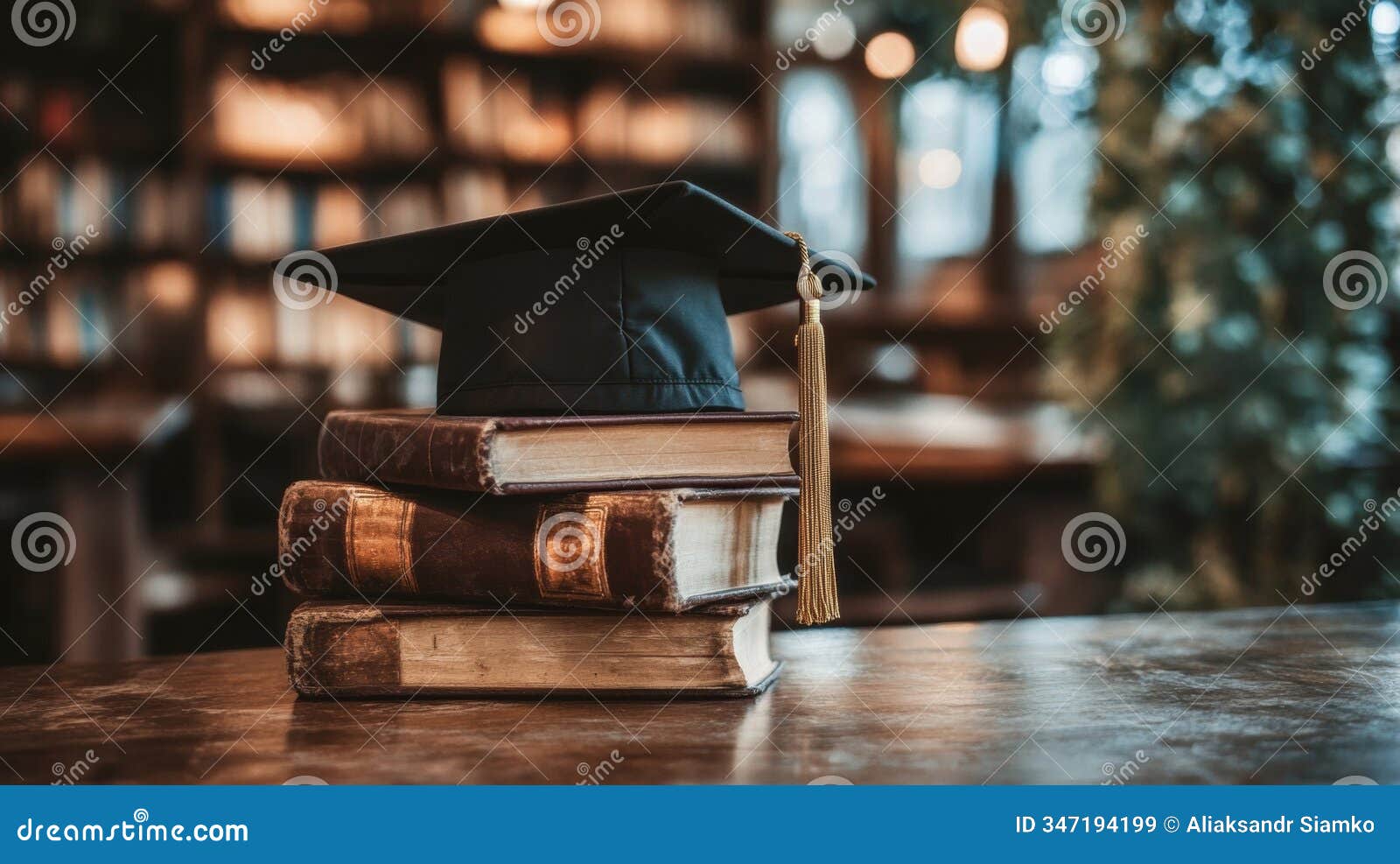 Graduation Cap on Stacked Books with Blurred Academic Success ...