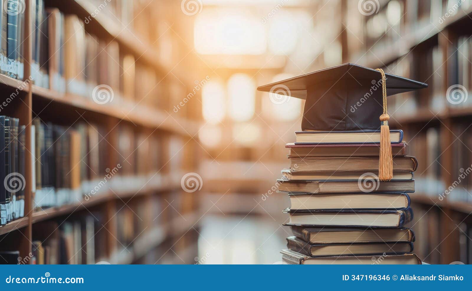 Graduation Cap on Stacked Books with Blurred Academic Success ...