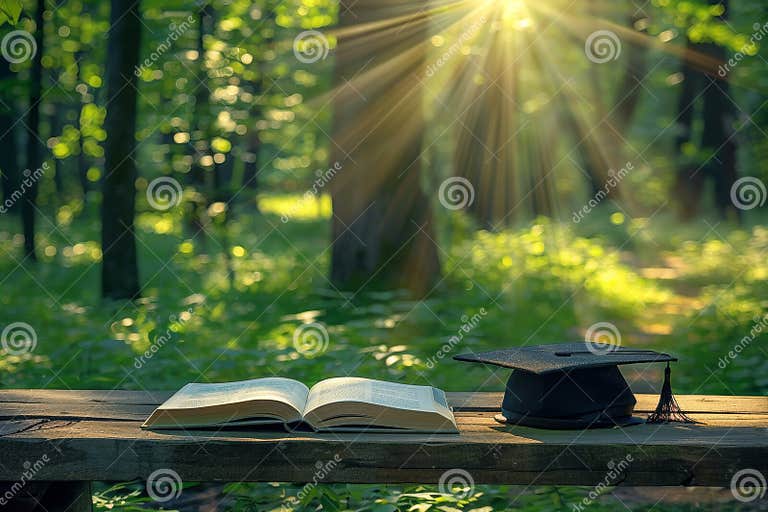 Graduation Cap on White Book Displayed on Rustic Table in Lush Forest ...