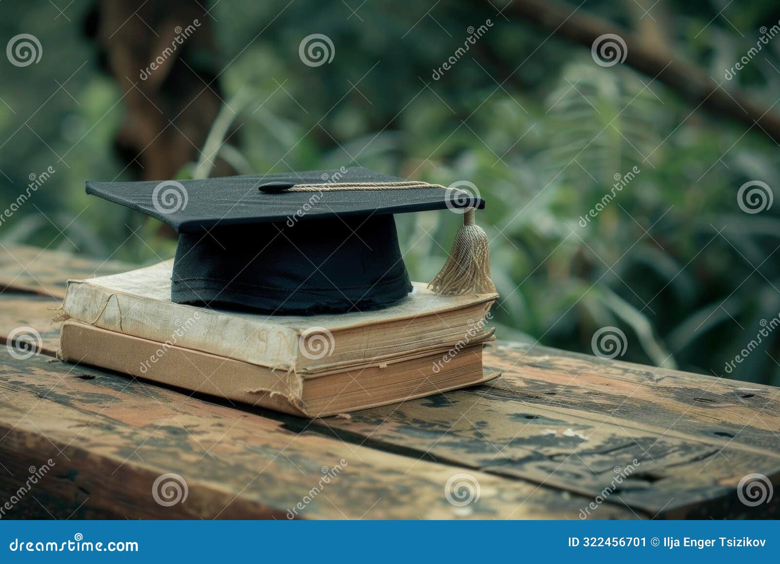 Graduation Cap on White Book on Wooden Table in Forest Setting ...