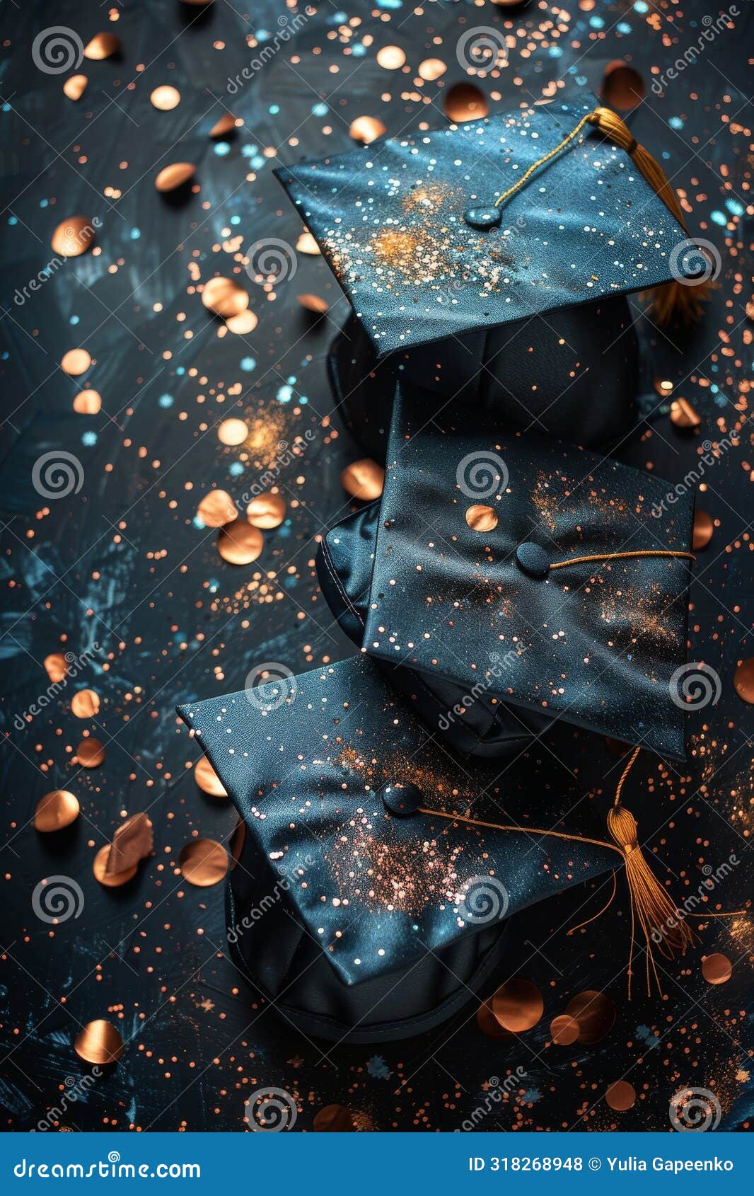 Graduation Caps and Confetti on a Table Stock Photo - Image of diploma ...