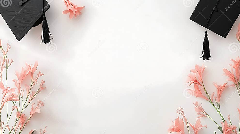 Graduation Caps and Peach Blossoms Frame a White Background Stock ...