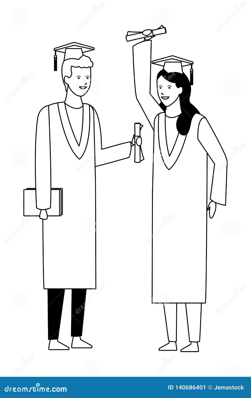 Graduation Ceremony Couple Black and White Stock Vector - Illustration ...