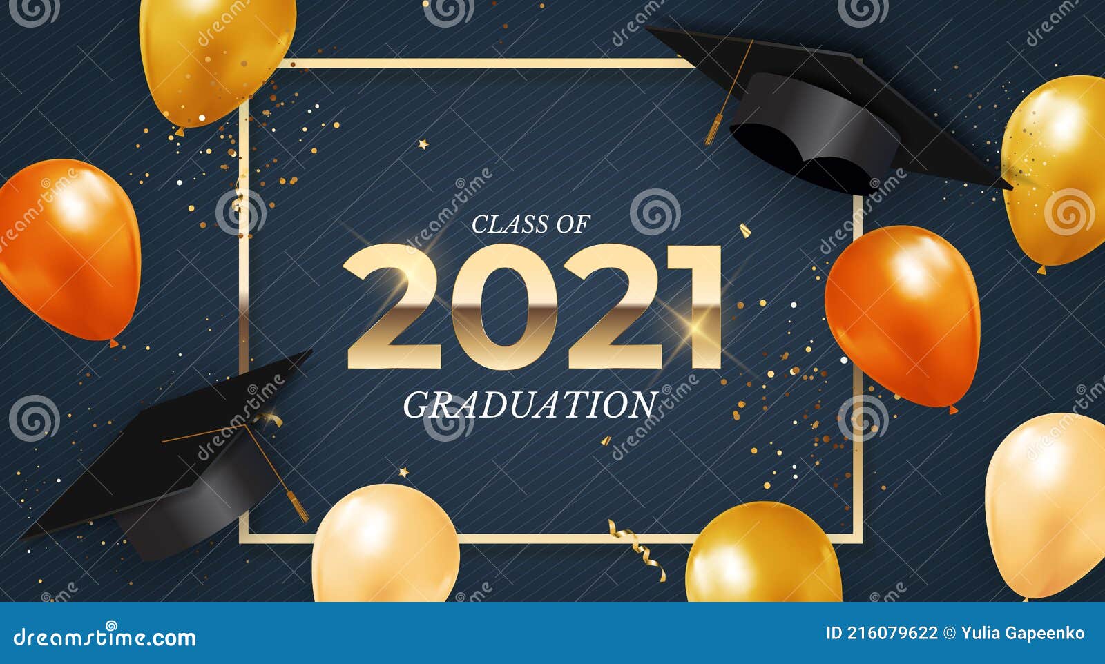 Graduation Class of 2021 with Graduation Cap Hat, Balloons and Confetti ...