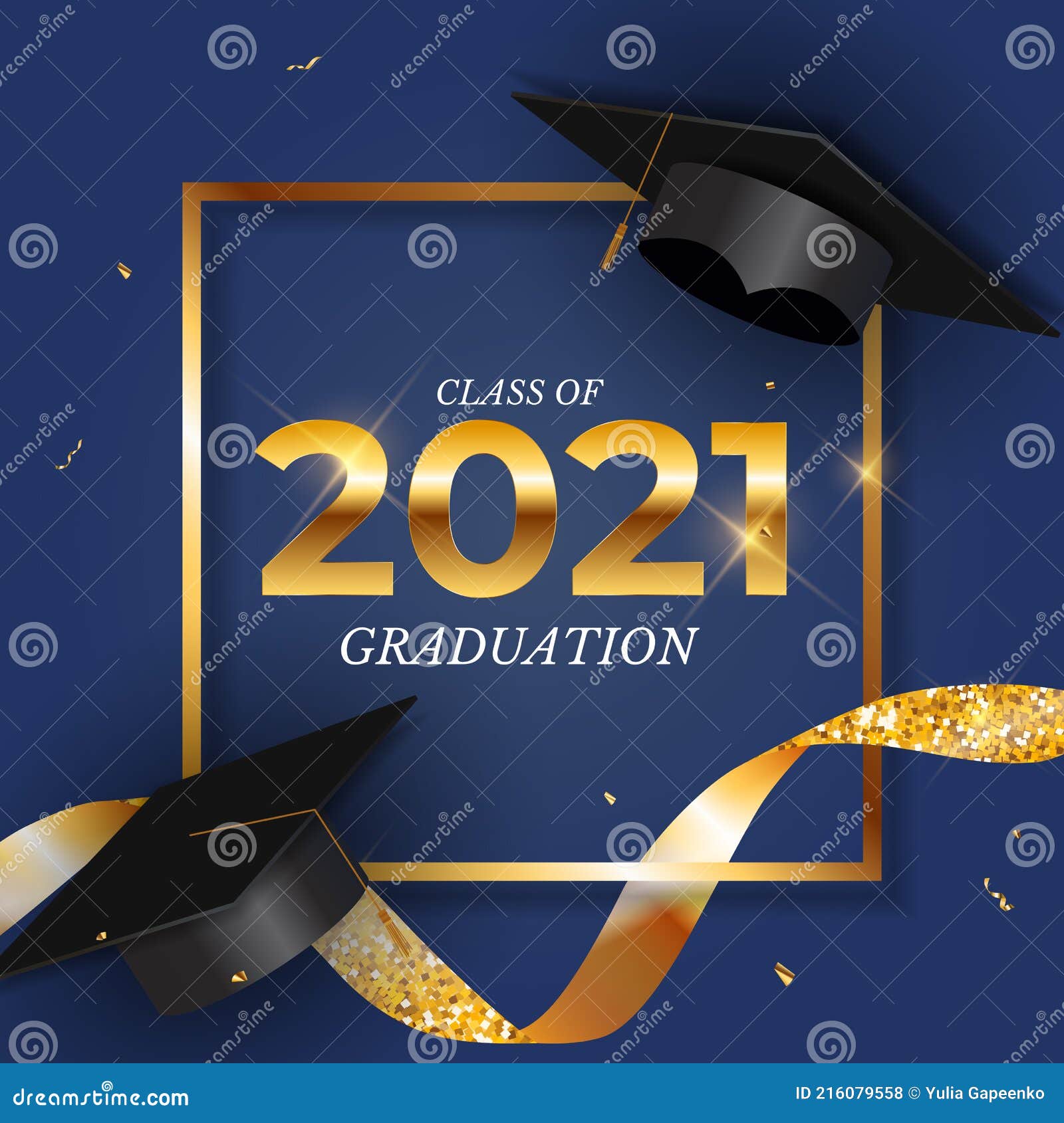 Graduation Class of 2021 with Graduation Cap Hat and Golden Confetti ...