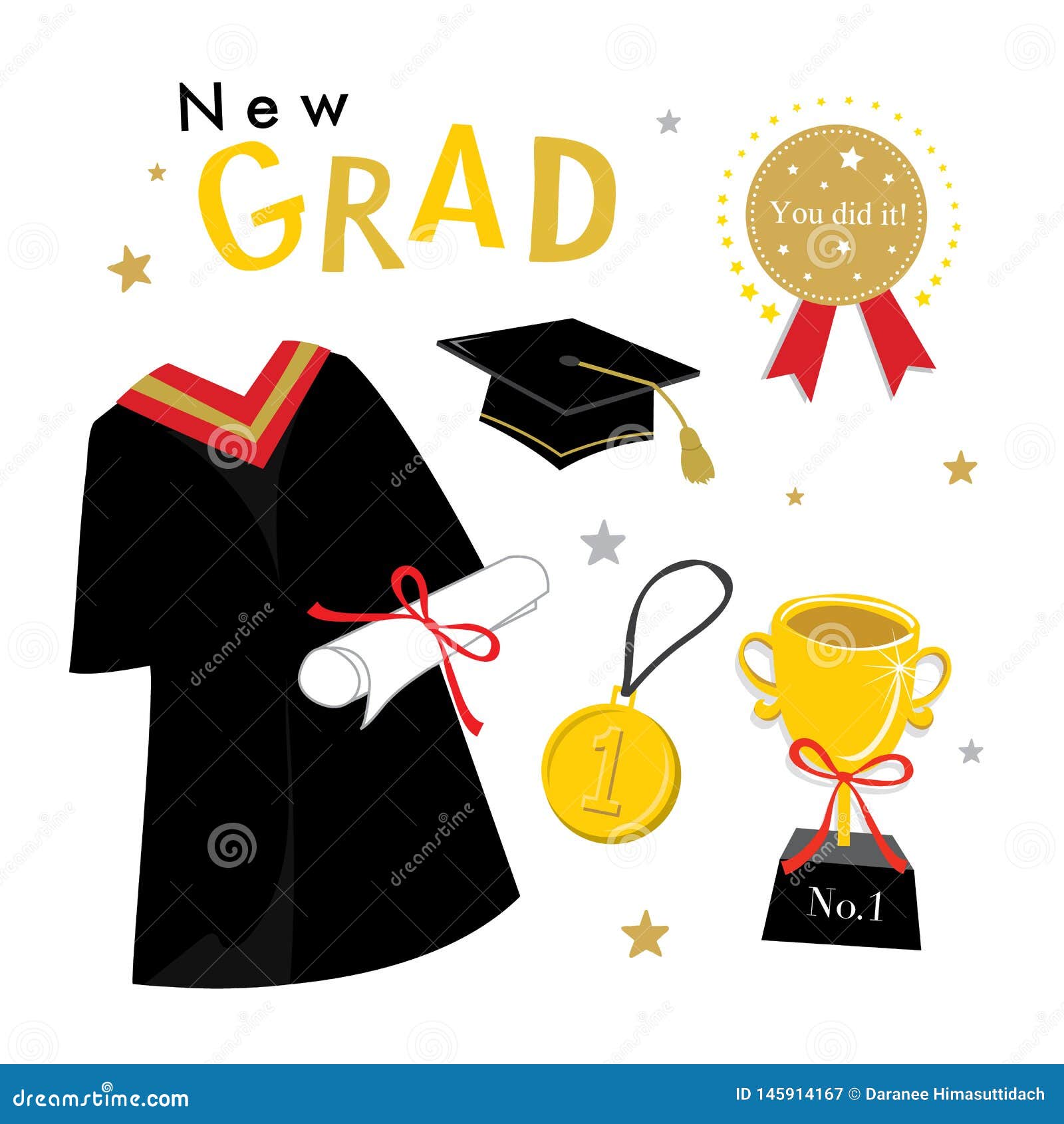 Graduation Day Vector Icon Set of Celebration Elements in Flat Design ...