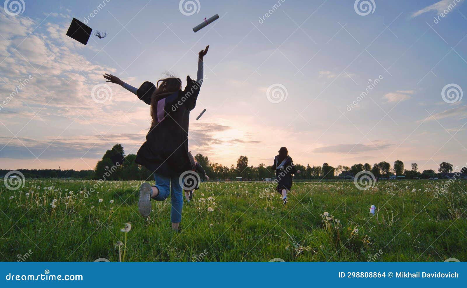 Graduation Girl Running in the Background of the Sunset and Throwing ...