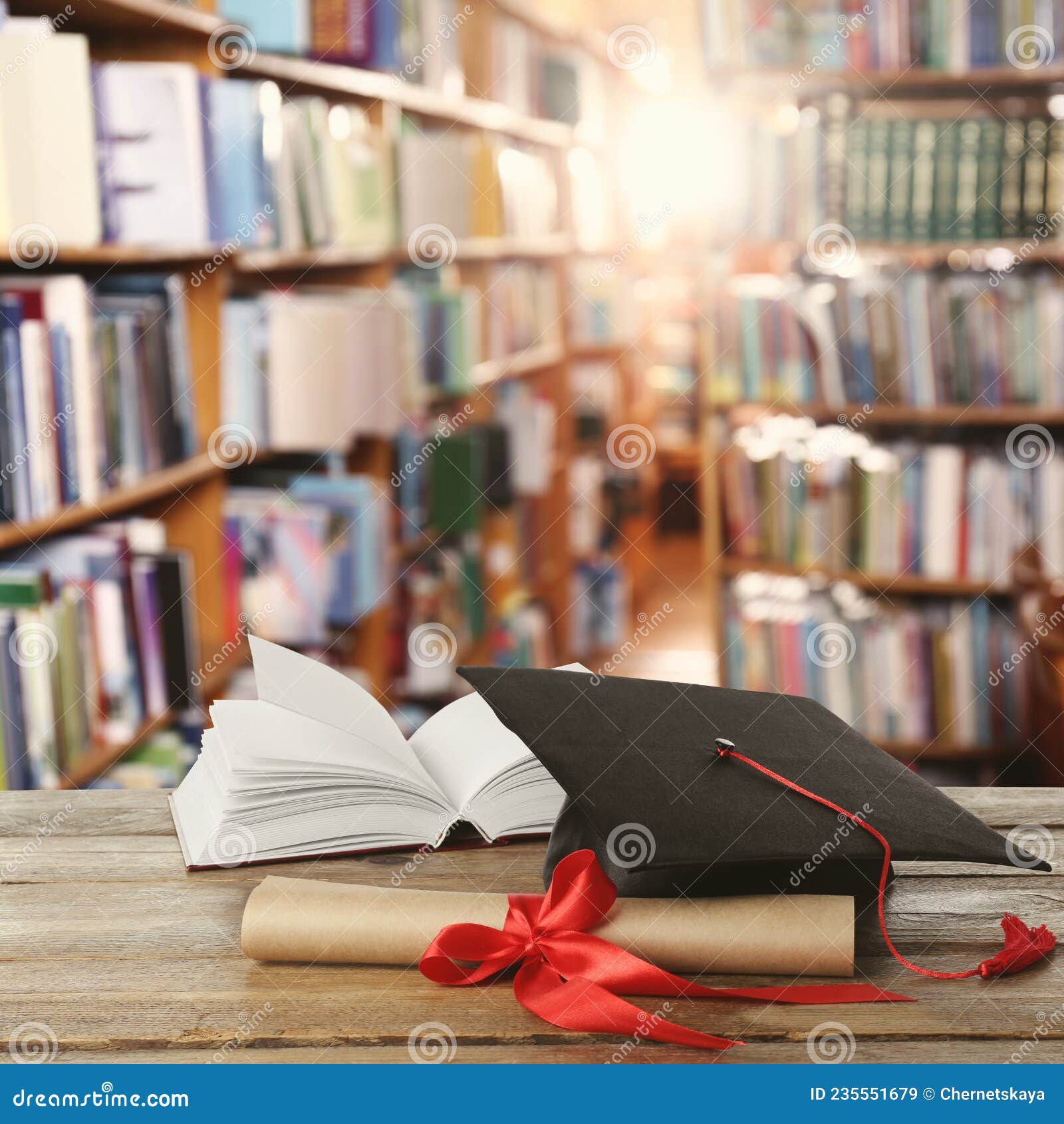 Graduation Hat, Book and Diploma on Wooden Table in Library Stock Image ...