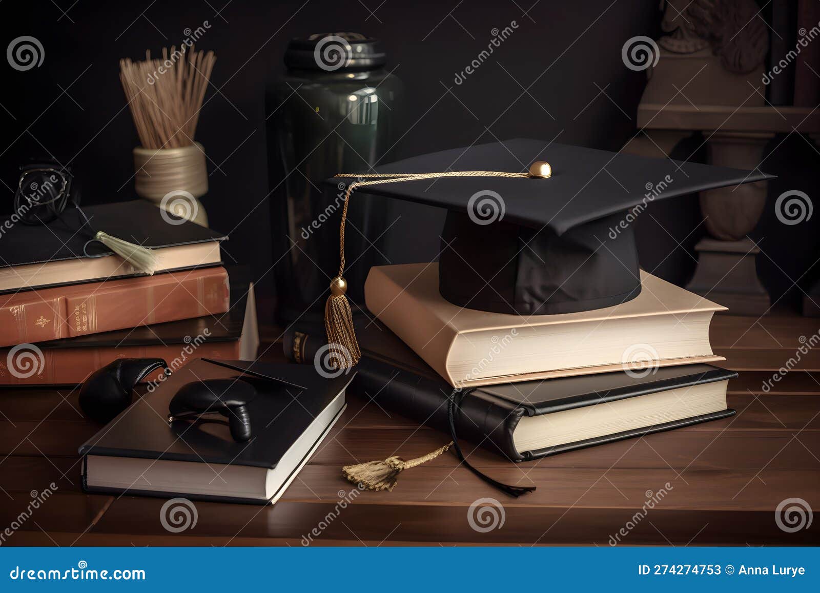 Graduation Hat with Books on the Table in Vintage Style. Generated AI ...