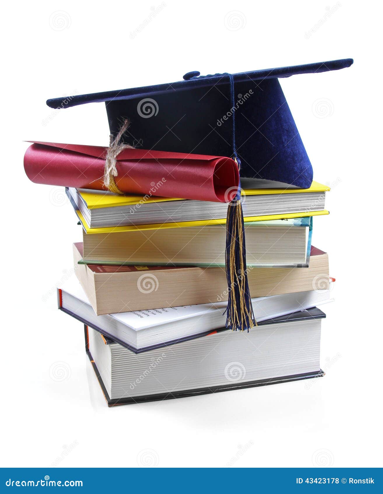 Graduation Hat and Diploma on Stack of Books Stock Photo - Image of ...