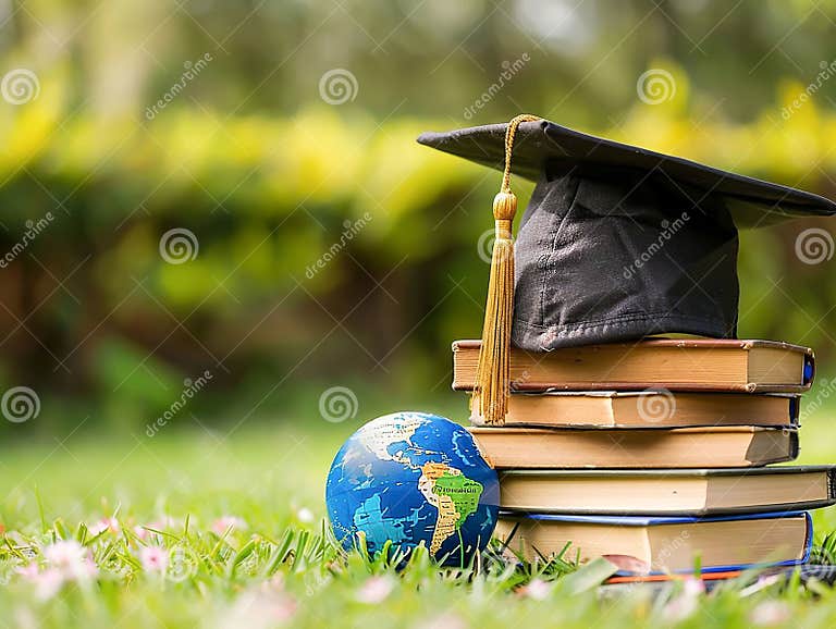 Graduation Hat and Earth Globe and Stack of Books on University ...
