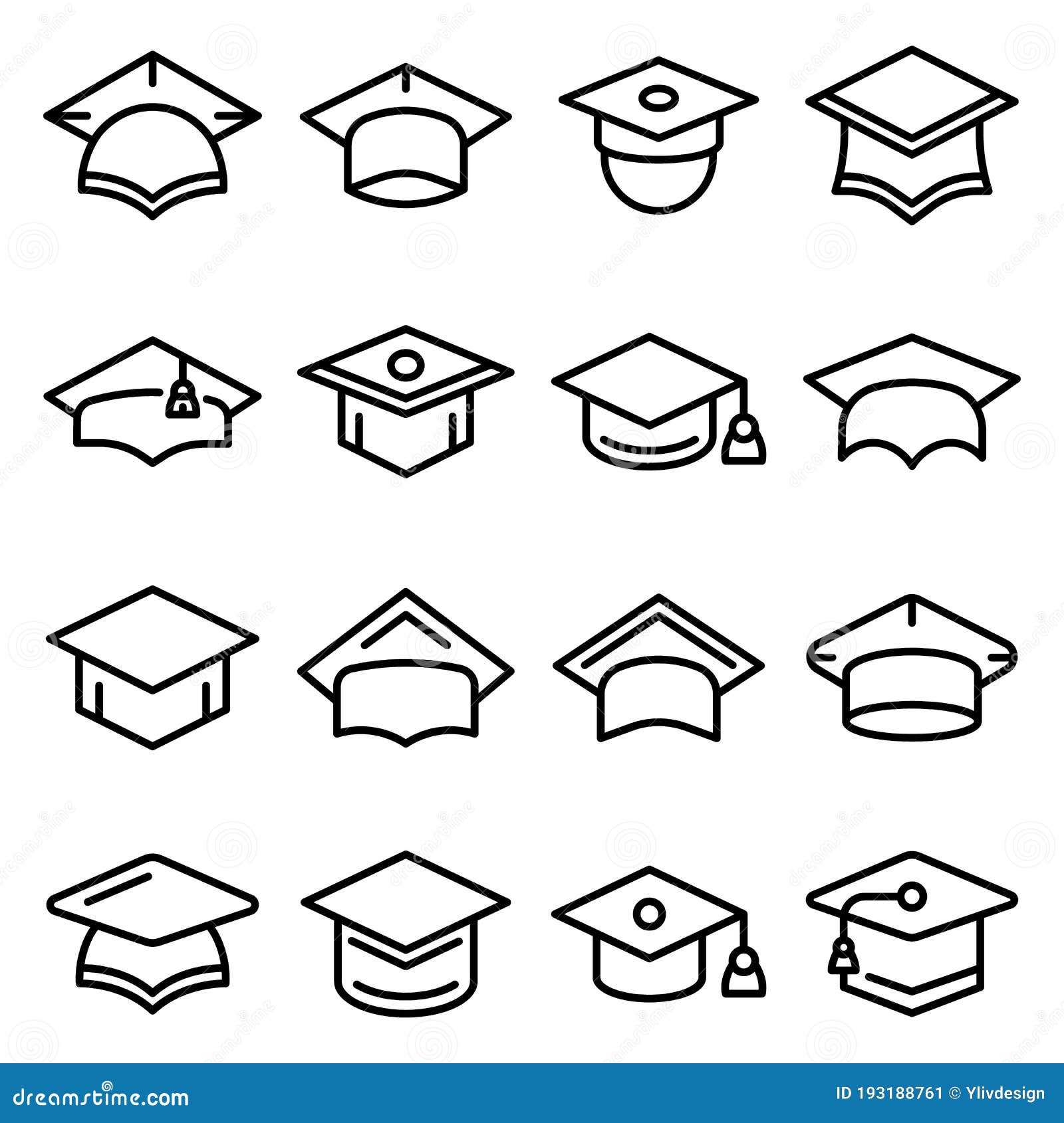 Graduation Hat Icons Set, Outline Style Stock Vector - Illustration of ...