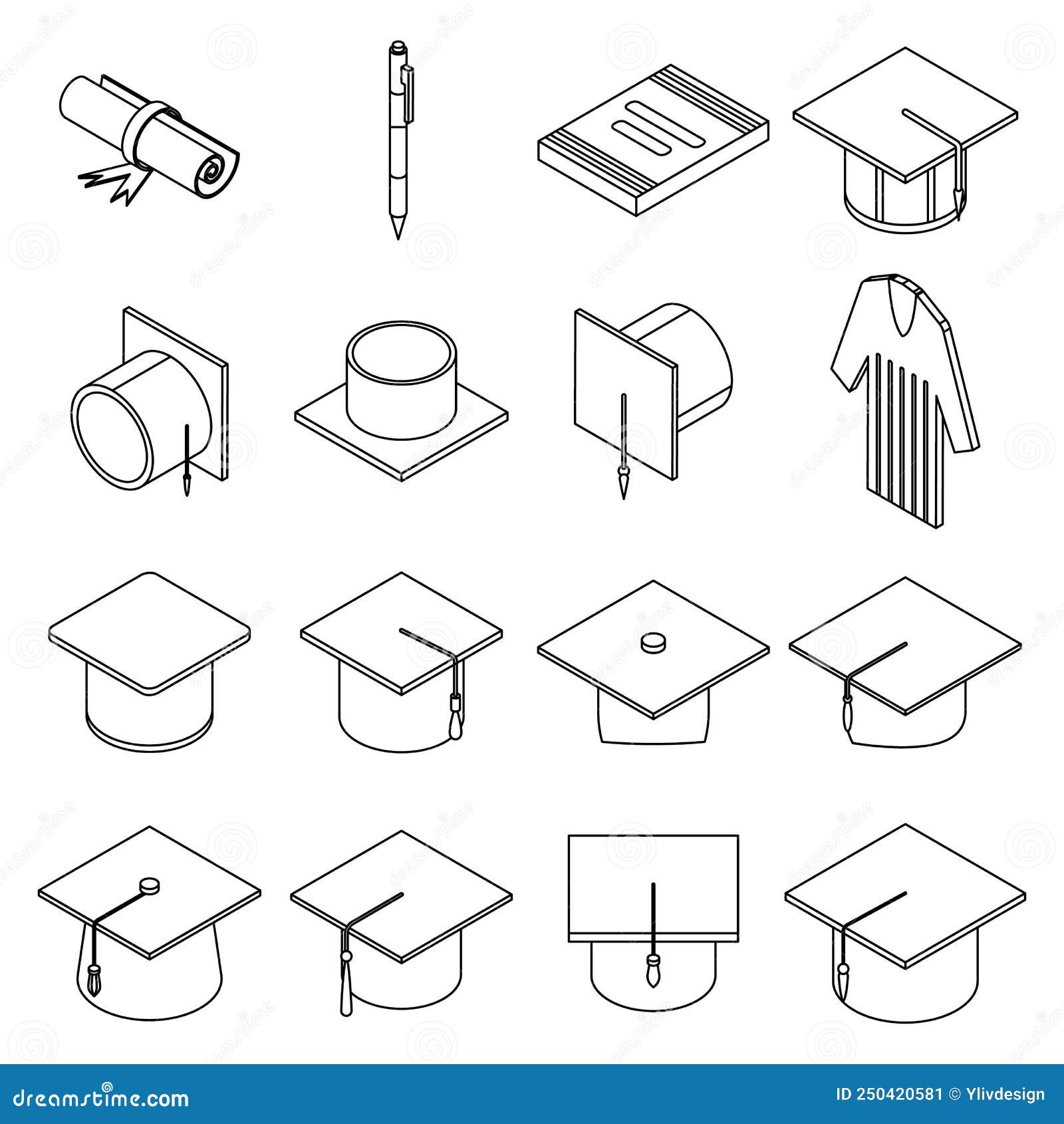 Graduation Hat Icons Set Vector Outline Stock Illustration ...