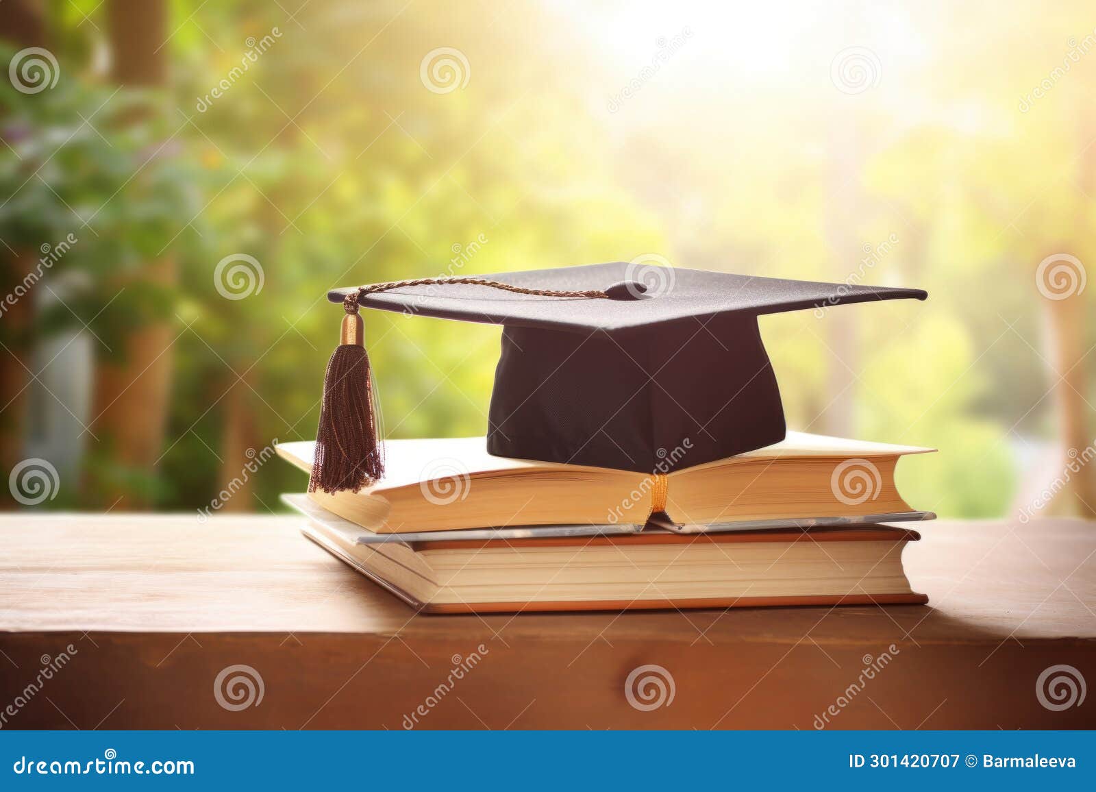 Graduation Hat and Stack of Study Books on a Wooden Table. Education ...