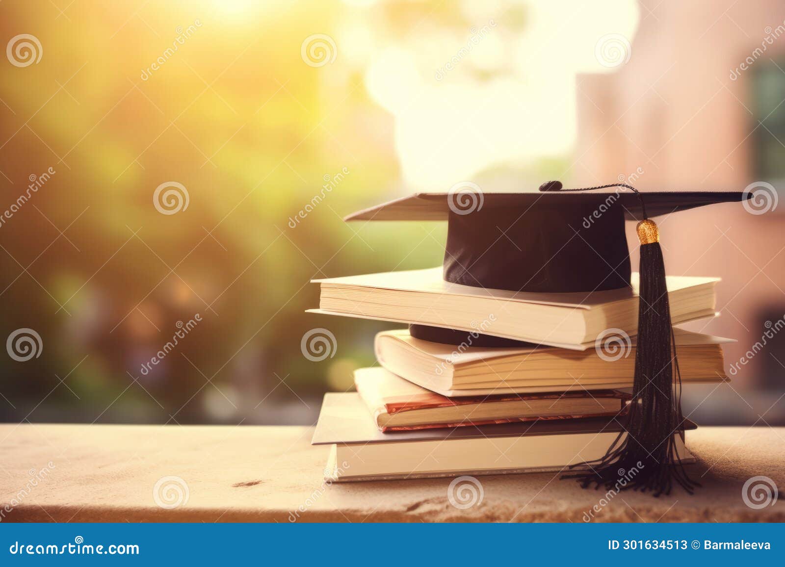 Graduation Hat and Stack of Study Books on a Wooden Table. Education ...