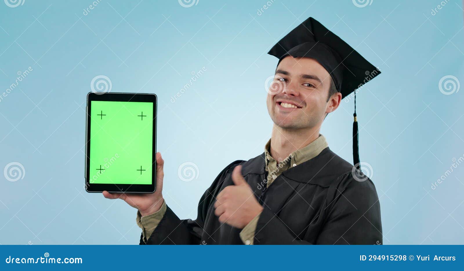 Graduation Student, Thumbs Up and Tablet Green Screen or Presentation ...