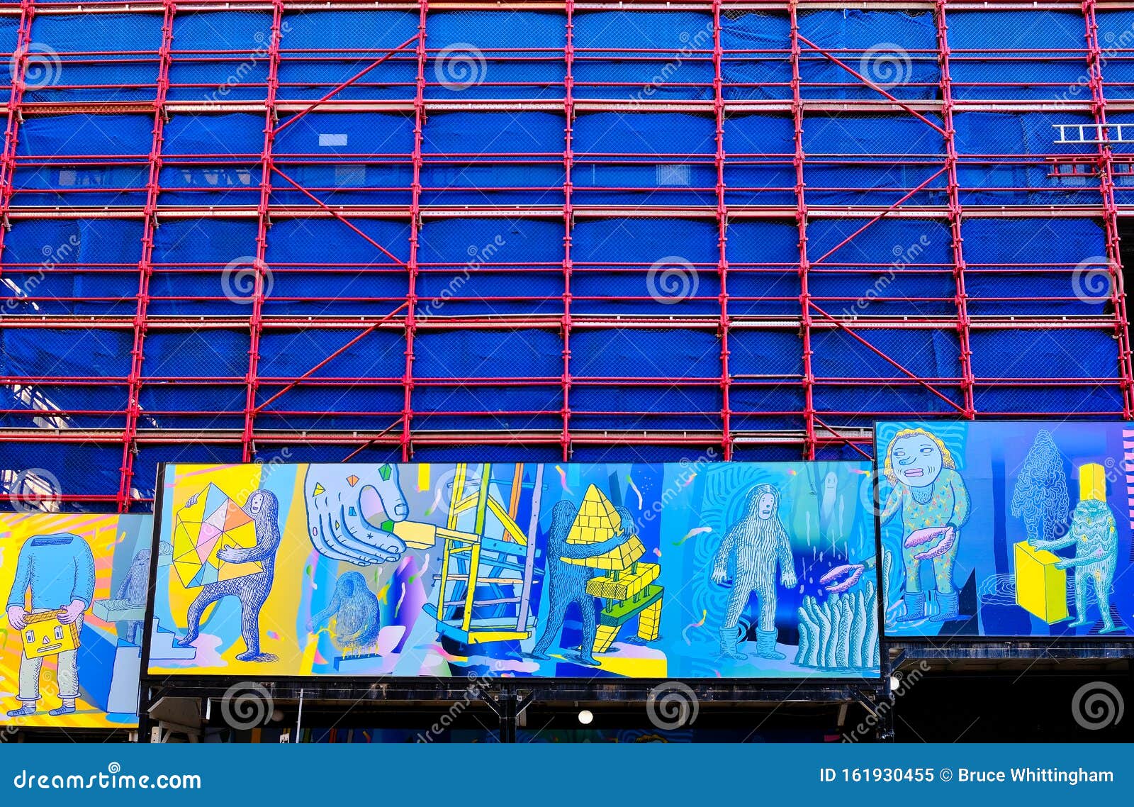 Blue Safety Mesh And Colourful Graffiti On Commercial Building ...