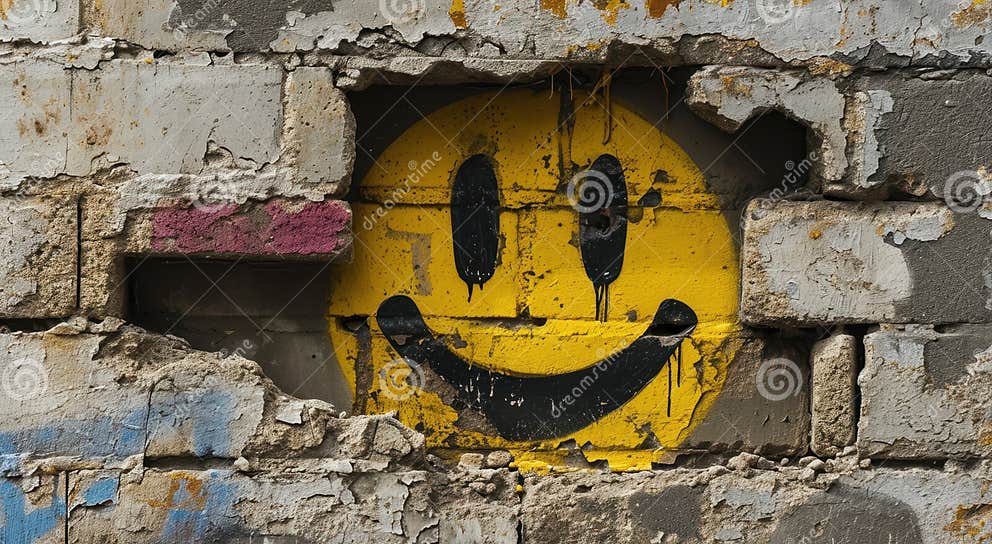 Graffiti Art of a Distorted Smiley Face on a Dilapidated Wall Stock ...