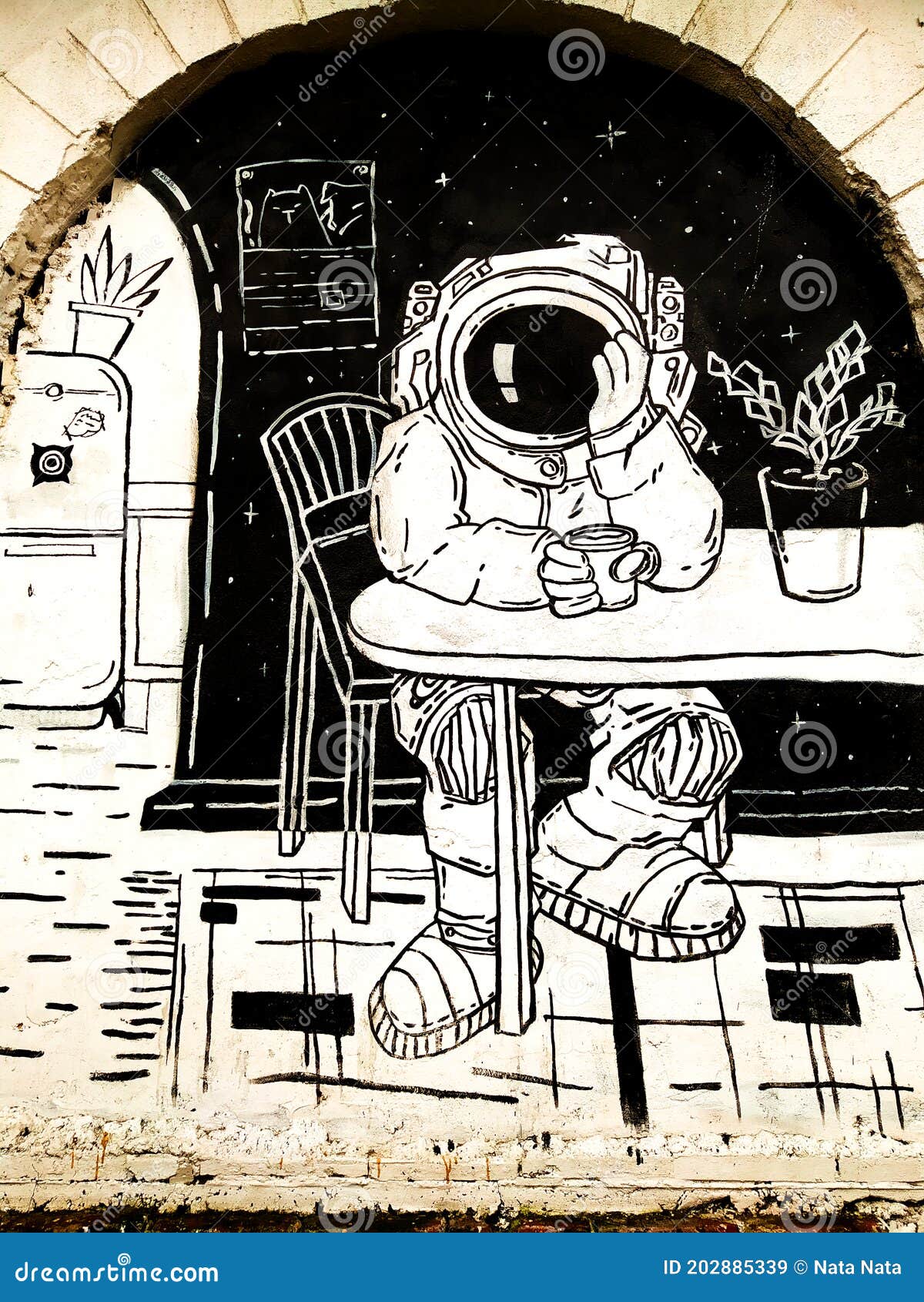Graffiti Astronaut Sits at a Table with a Bottle Editorial Stock Image ...
