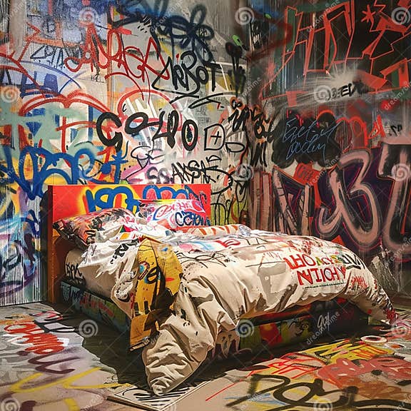 Graffiti-covered Bed in a Vibrant Urban Setting Stock Illustration ...