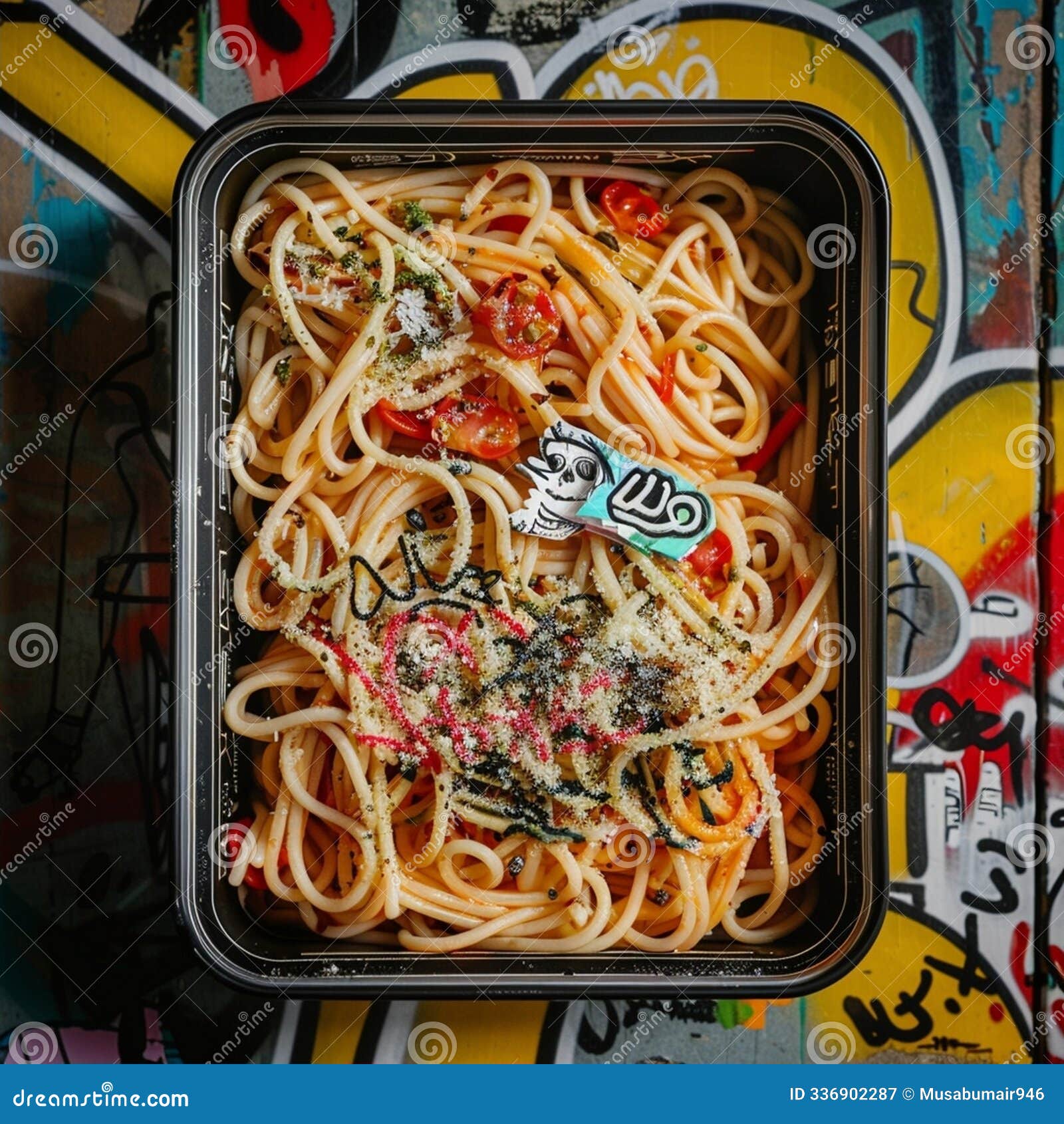 Graffiti-covered Bento Box with Pasta Art Stock Image - Image of film ...