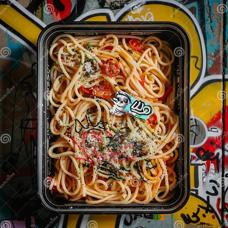 Graffiti-covered Bento Box with Pasta Art Stock Image - Image of film ...