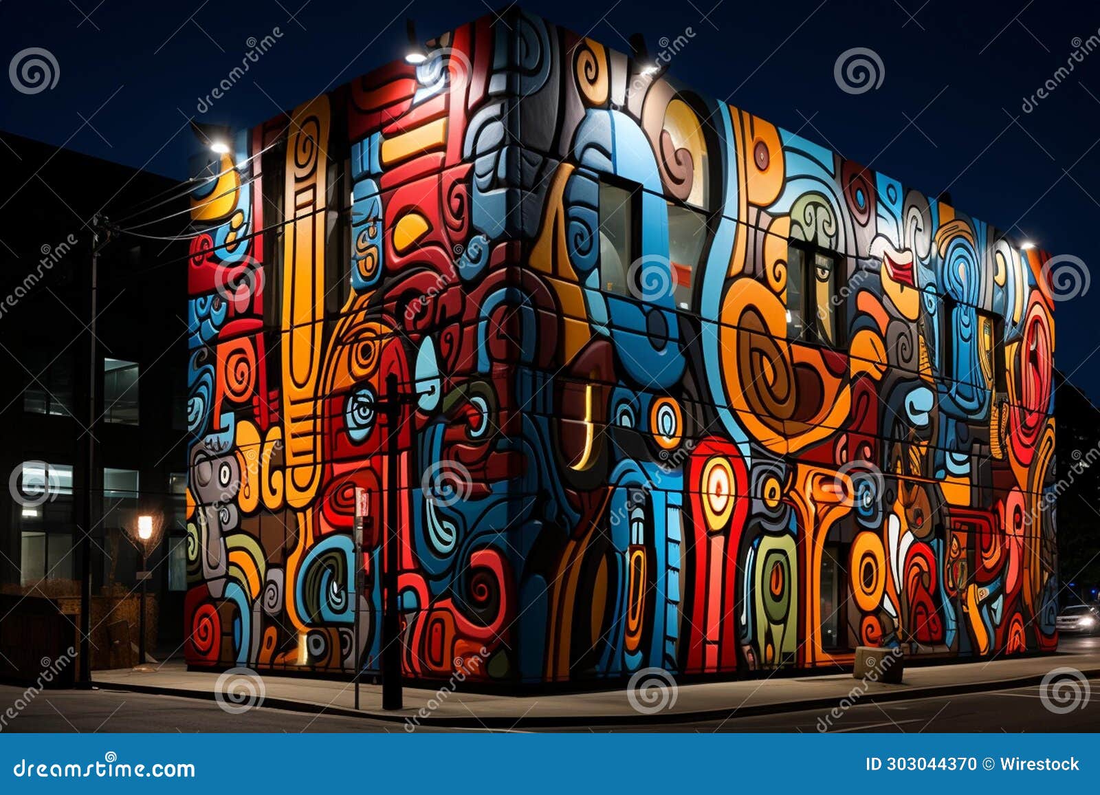 Graffiti-covered Building on the Side of a Busy Street at Night, AI ...