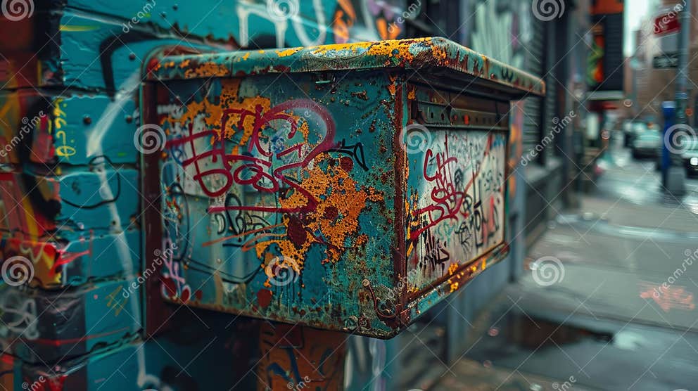 Graffiti-covered Mailbox on City Street. Stock Photo - Image of ...