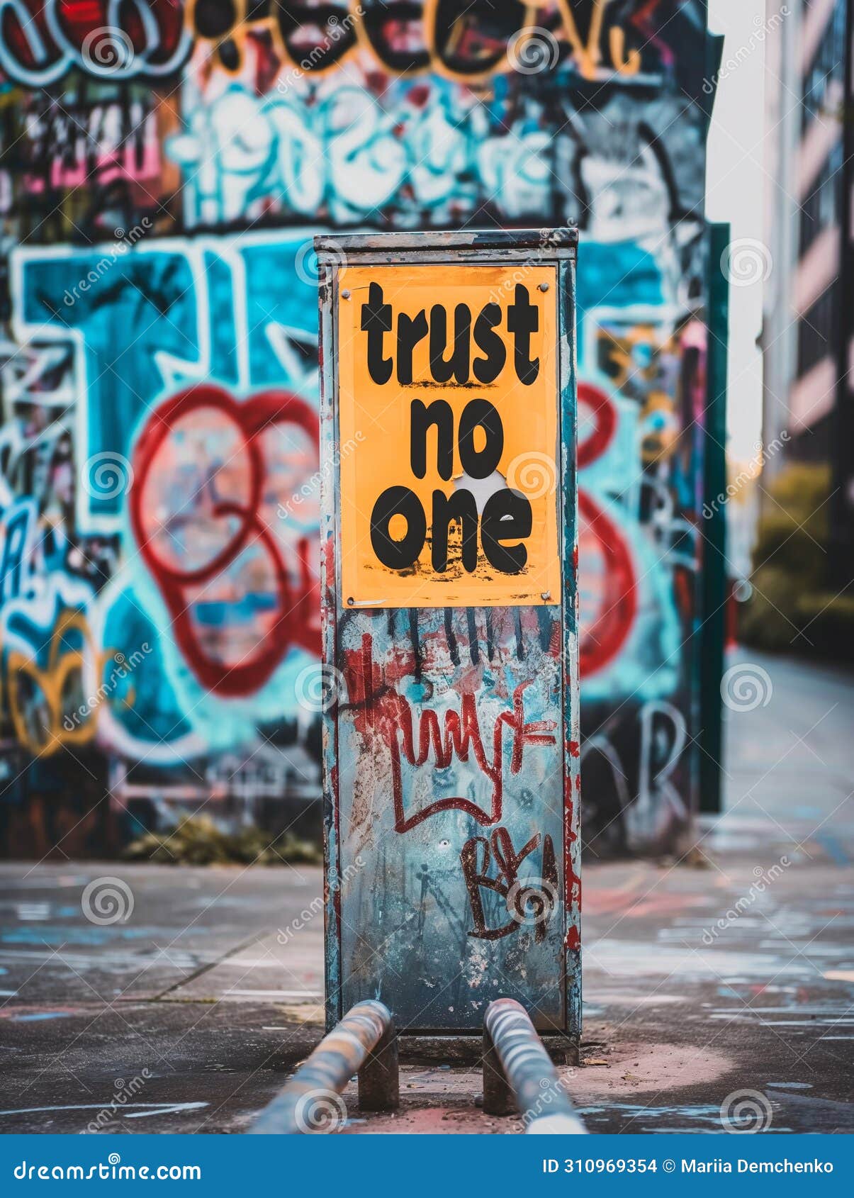 Graffiti-covered Sign with Phrase Trust No One in Urban Setting Stock ...