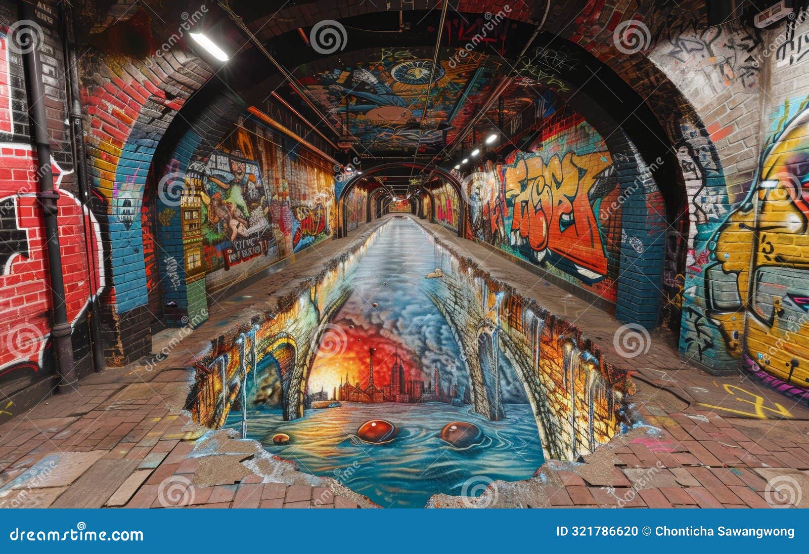 A Graffiti-covered Tunnel with a Painted Illusion of a Chasm. the ...