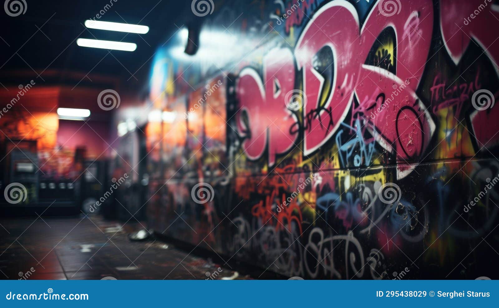 A Graffiti Covered Wall in a Dark Room, AI Stock Illustration ...