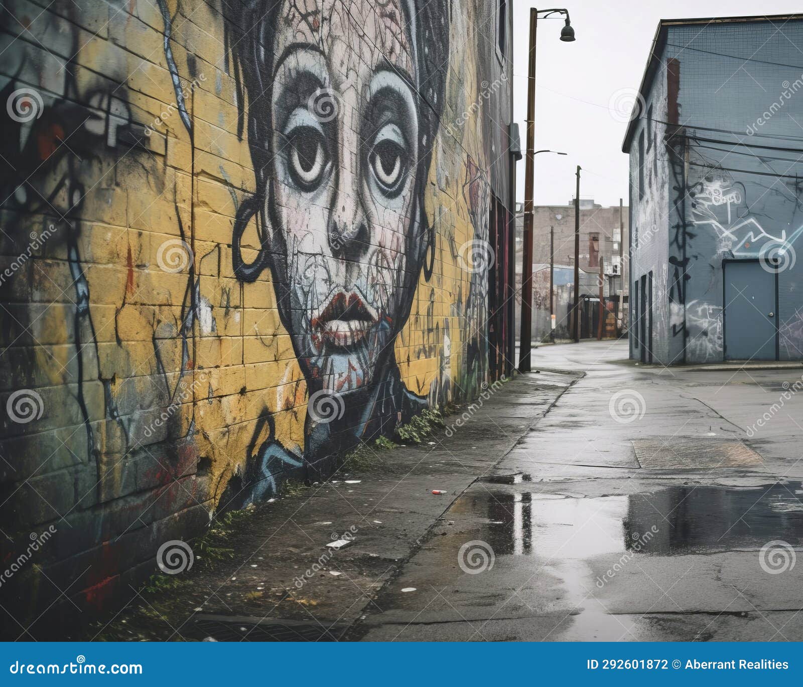 A Graffiti Covered Wall with a Womans Face Painted on it Stock ...