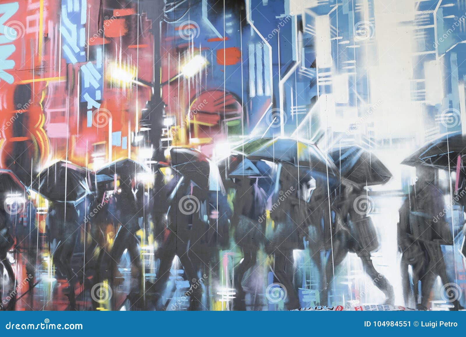 Graffiti Depicting People Walking Around Under Umbrellas. Editorial ... Graffiti Depicting People Walking Around Under Umbrellas. Editorial ...