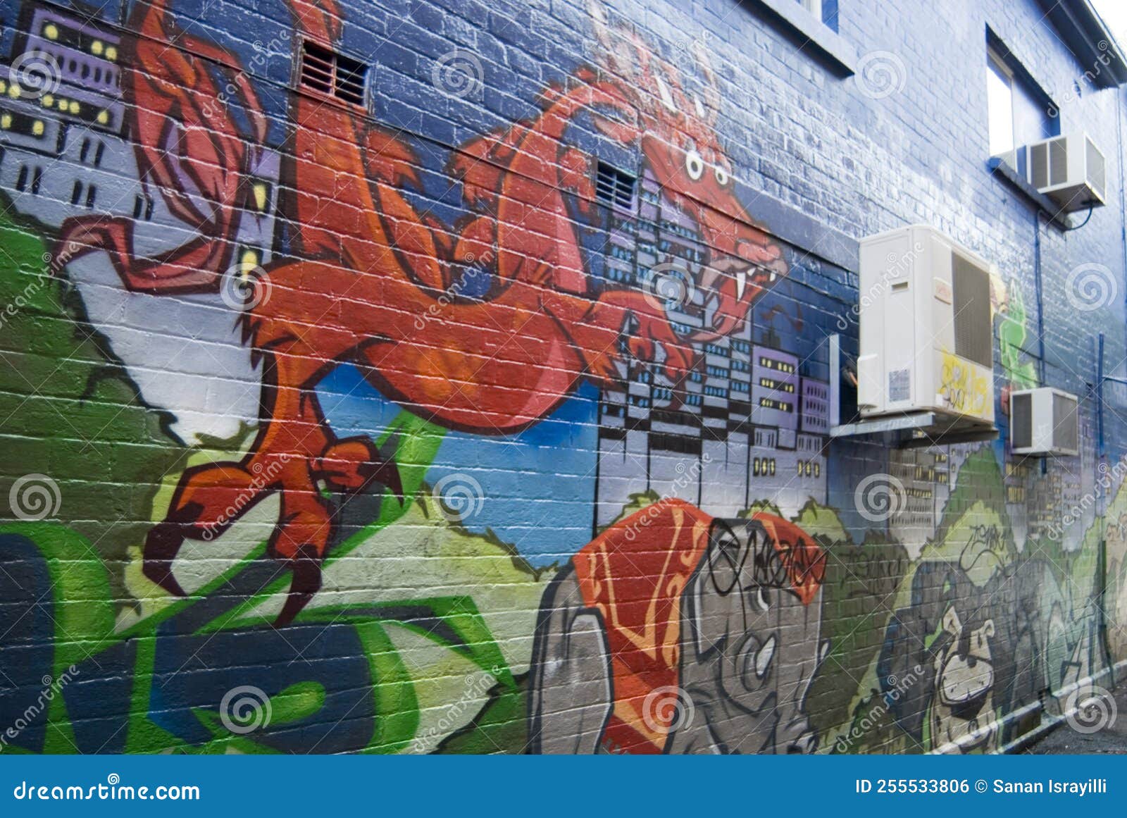 Graffiti with Dragon on Building Wall Stock Photo - Image of road ...