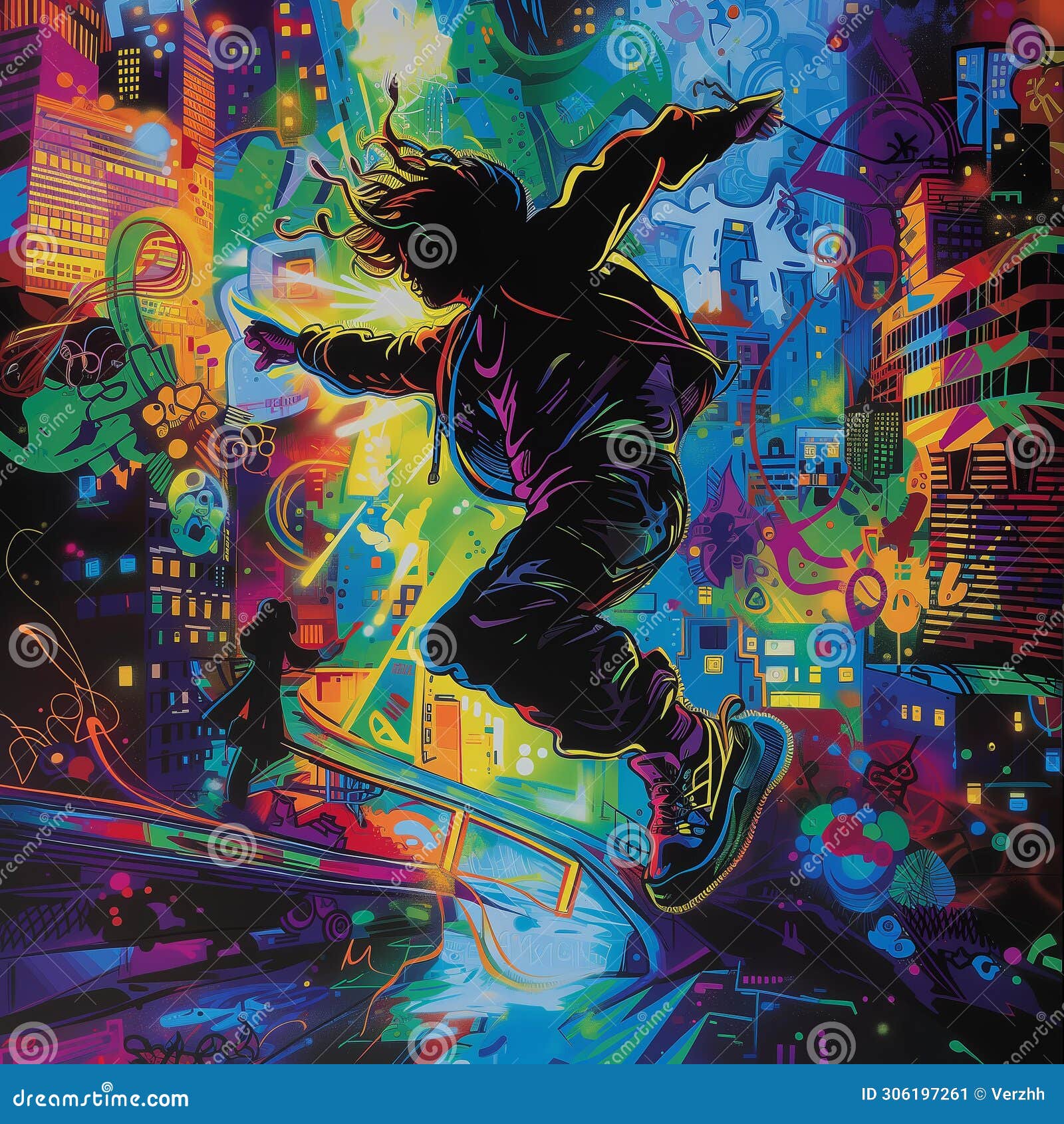 Graffiti Figures Dancing Under the City Lights at Night 3 Stock ...