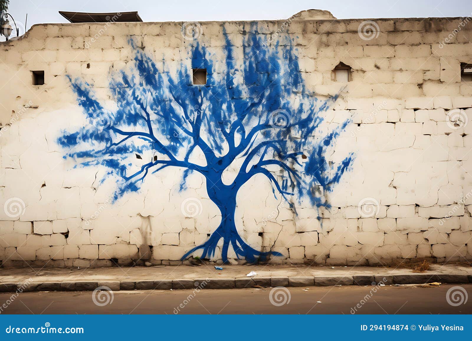 Graffiti in the Form of a Blue Tree on the Wall of an Israeli House ...