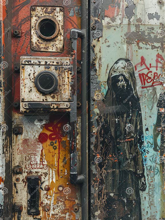 Graffiti of a Ghostly Figure on a Rusty, Decaying Wall. Stock Photo ...