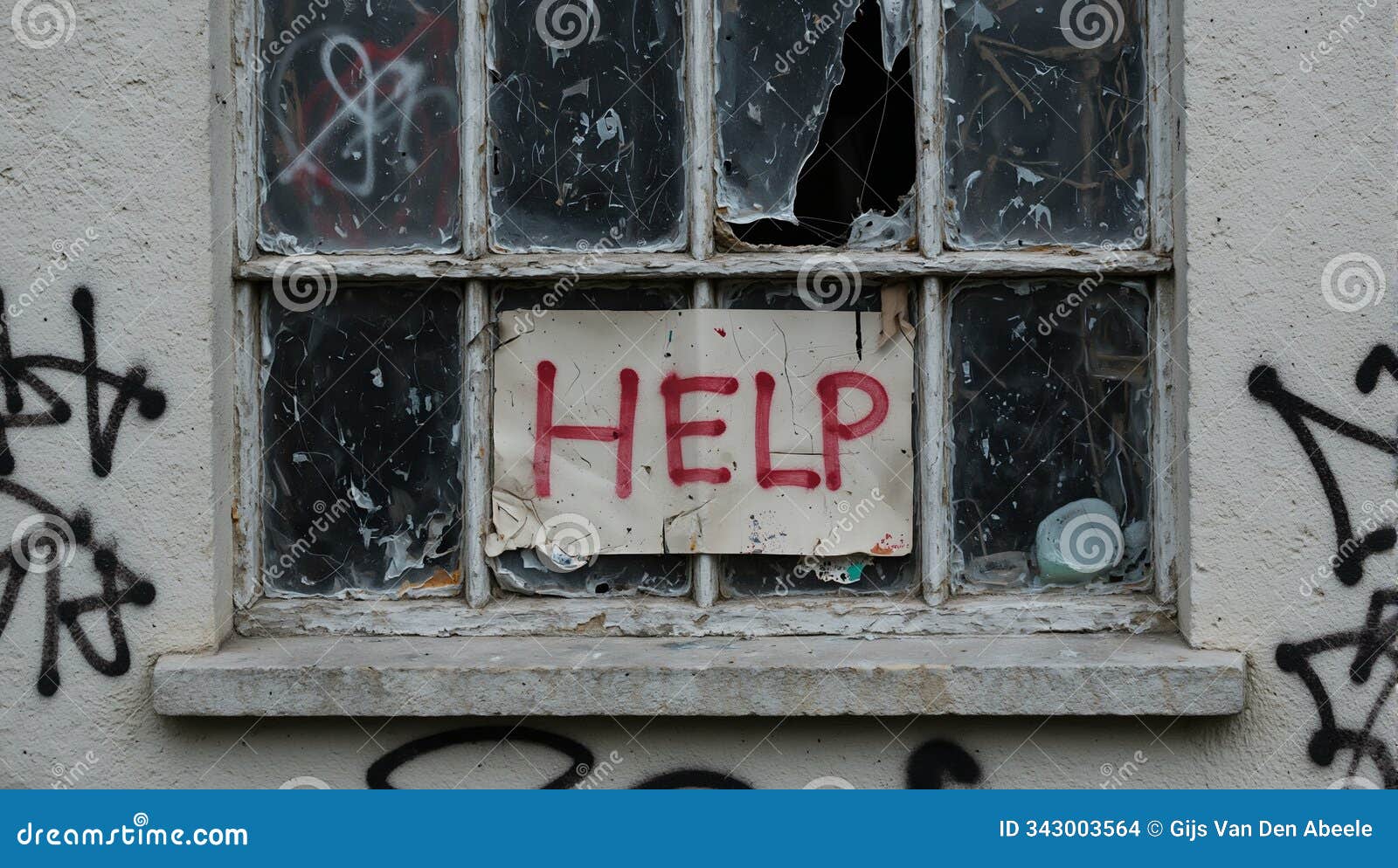 Graffiti Help Sign on Abandoned Building Window Stock Illustration ...