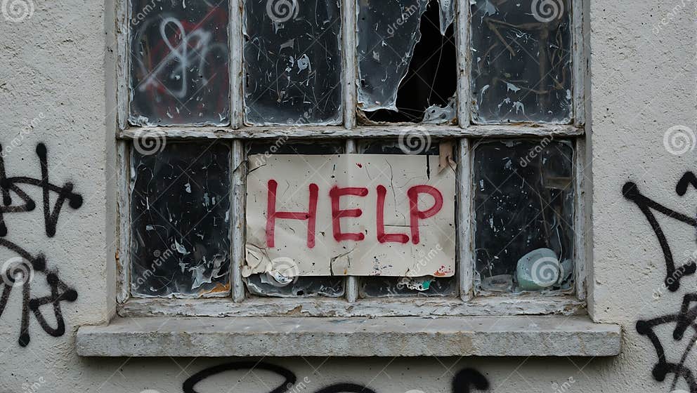 Graffiti Help Sign on Abandoned Building Window Stock Illustration ...