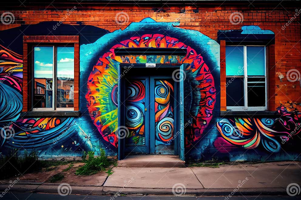 Graffiti Mural on the Side of a Building, with Windows and Doors in the ...