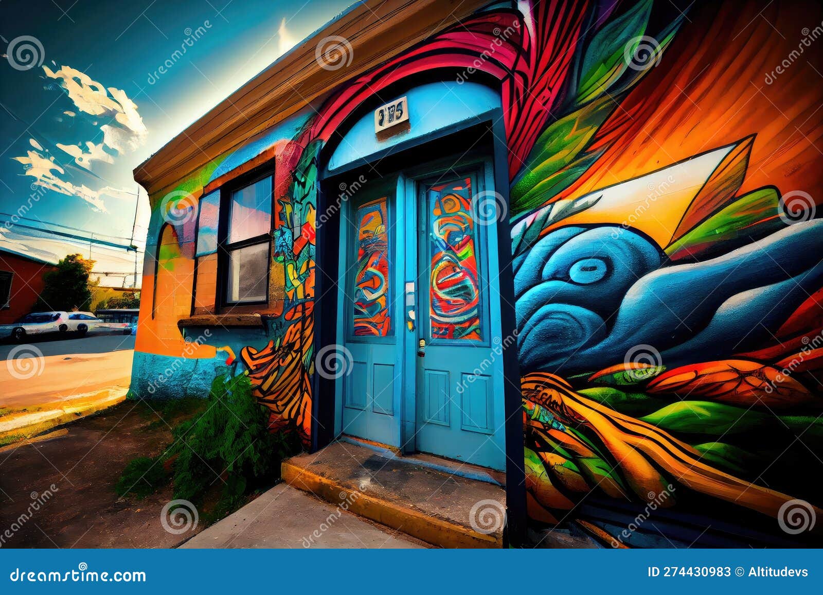 Graffiti Mural on the Side of a Building, with Windows and Doors in the ...