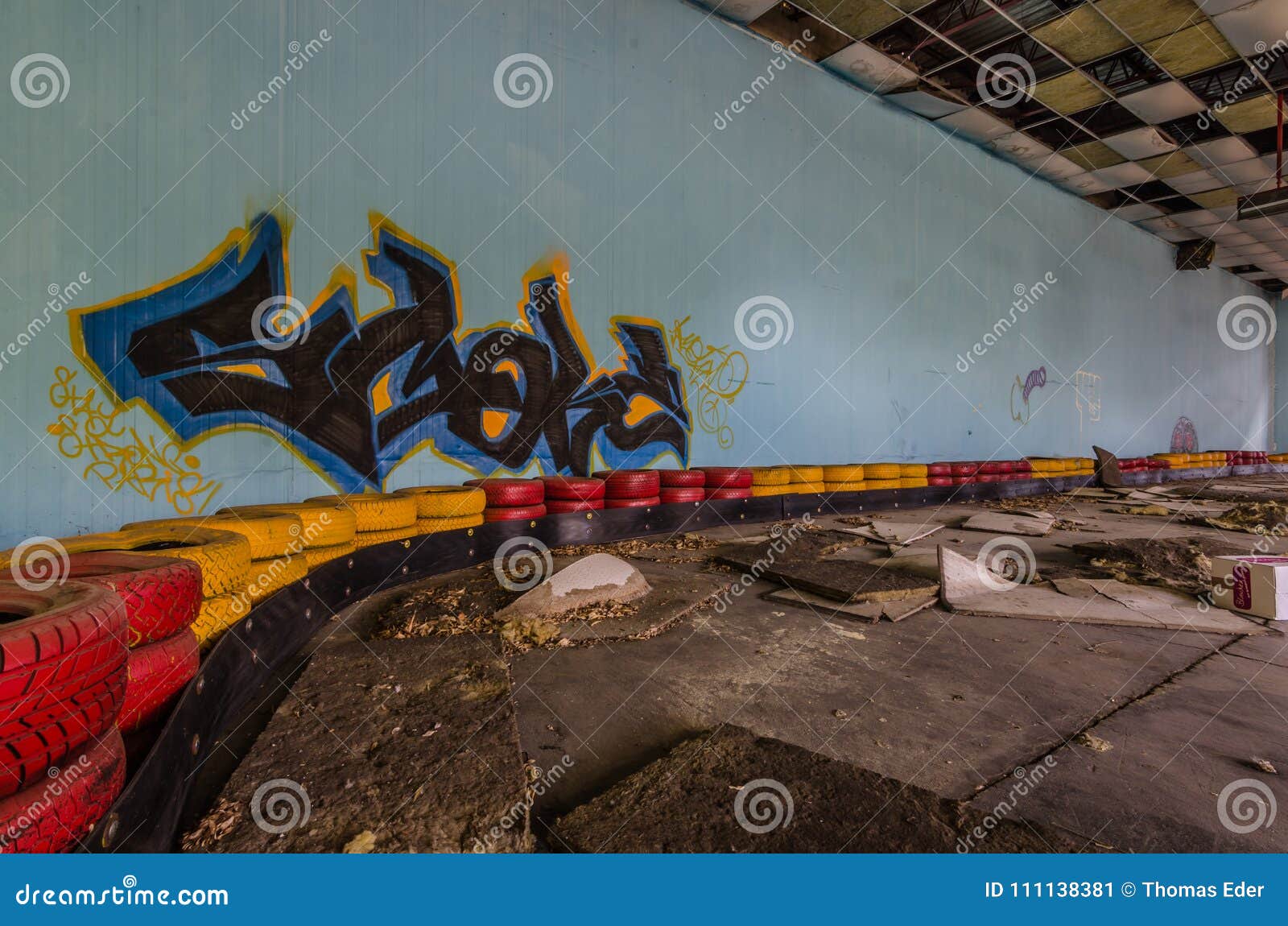 Graffiti at old kart track stock image. Image of leaving - 111138381