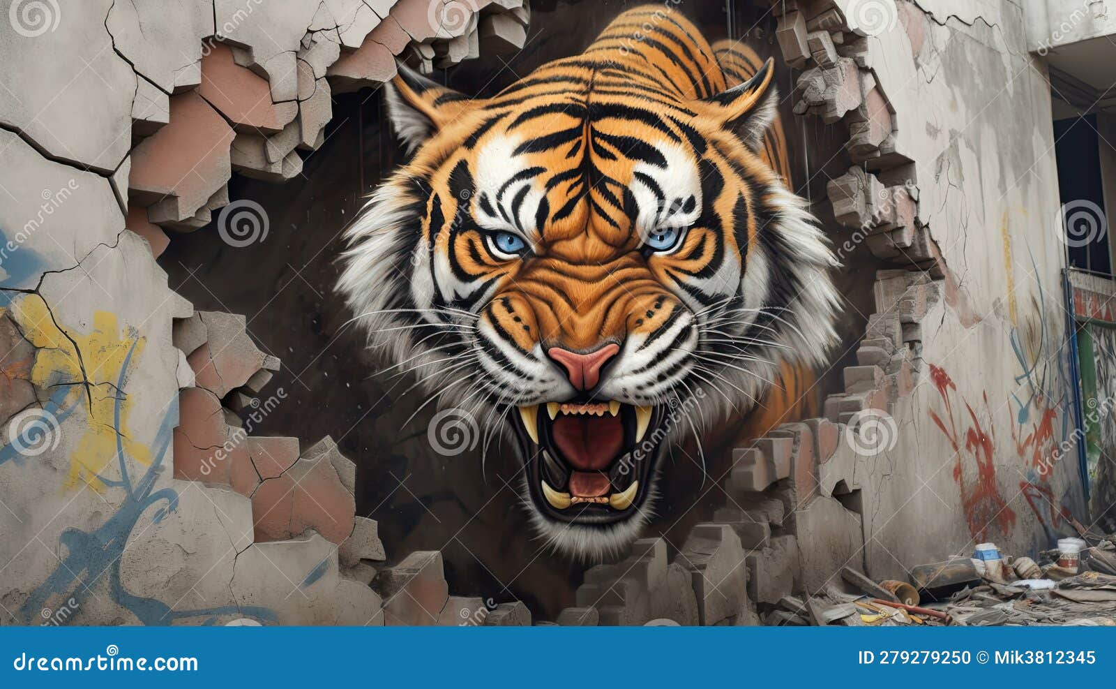 Graffiti of a Tiger Coming Out of a Wall. Stock Photo - Image of ...