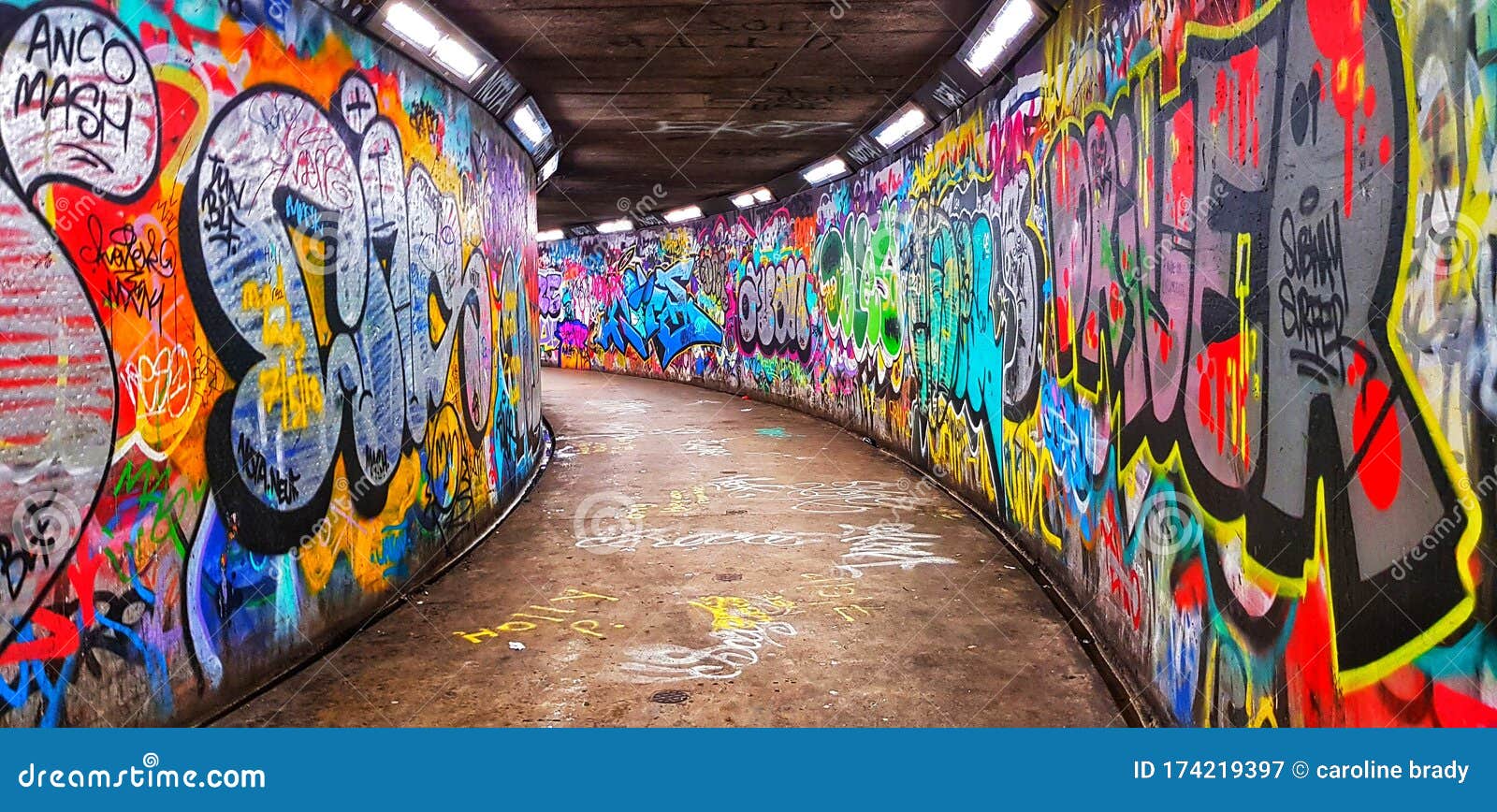 Graffiti tunnel in colour editorial photography. Image of bright ...