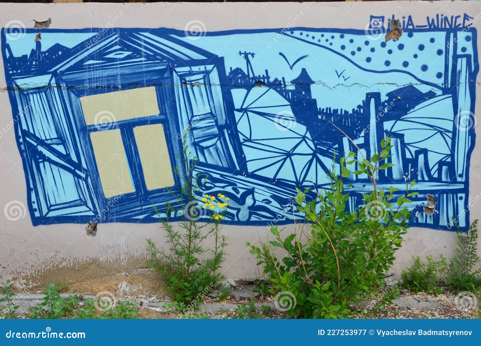 A Graffiti with Window and City on the Fence Editorial Photography ...