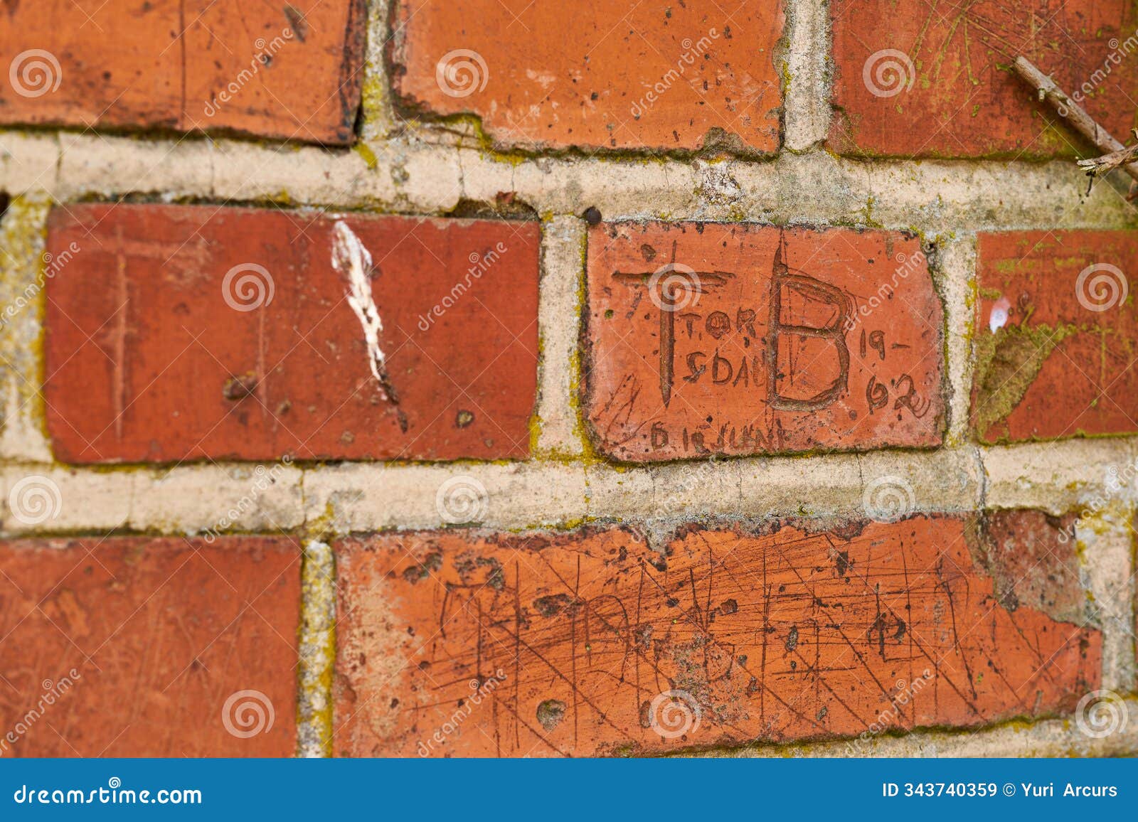 Graffiti, Writing and Scratch on Brick Wall of Building in City for ...