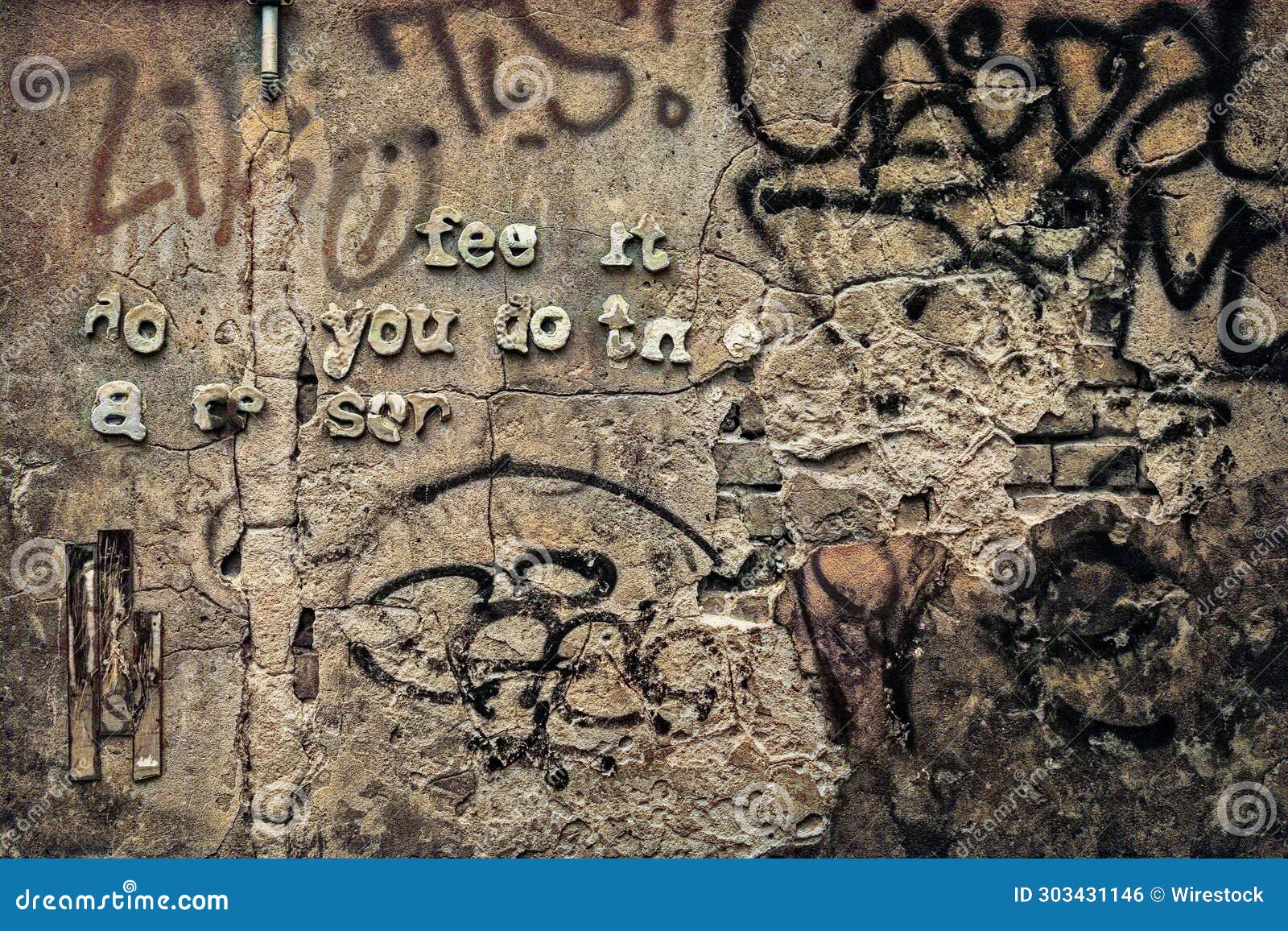 Graffitis and Letters in Relief on Ruined Wall Stock Photo - Image of ...