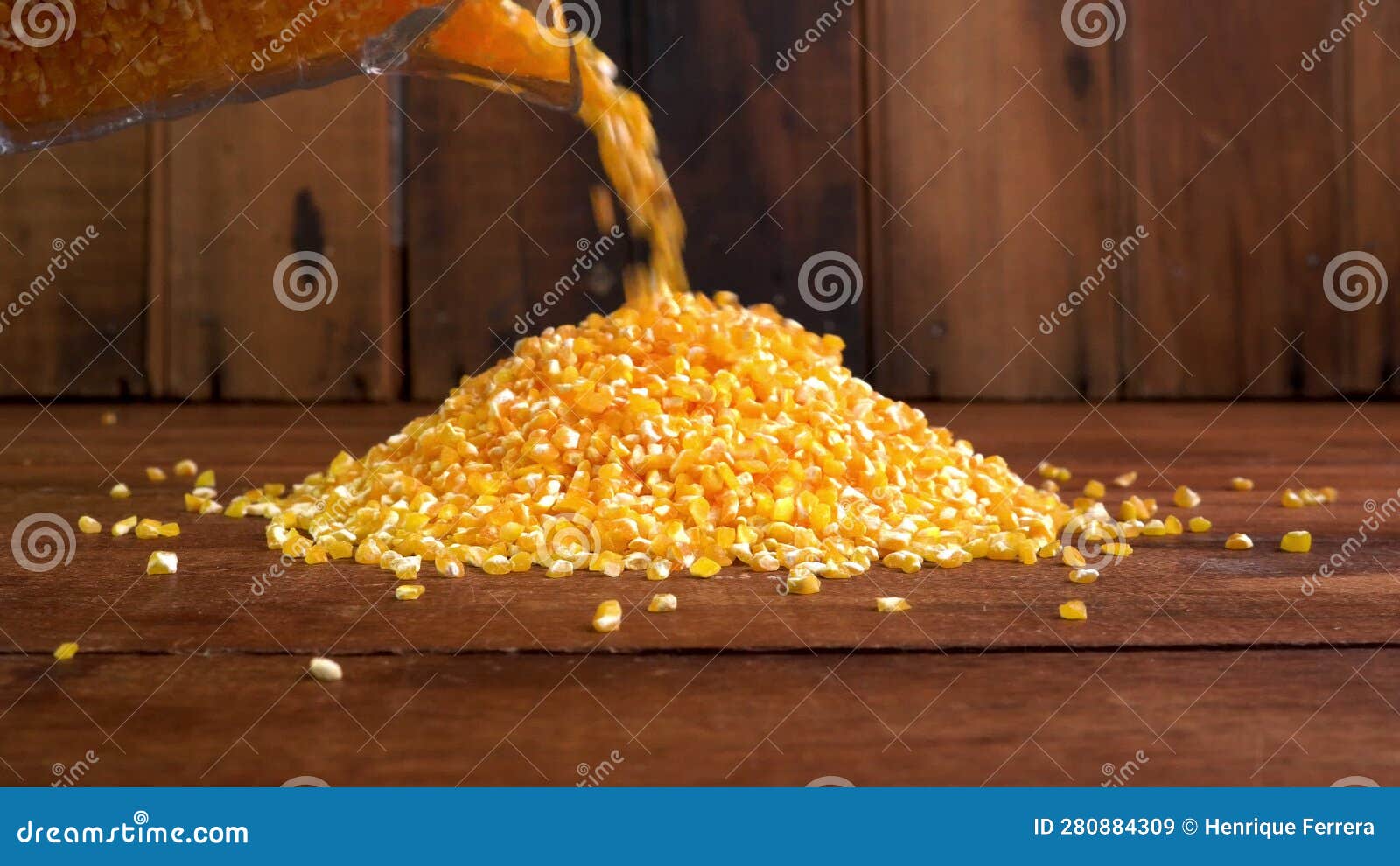 Grain of Crushed Dried Corn Yellow Falling on Rustic Wood Table, Close ...